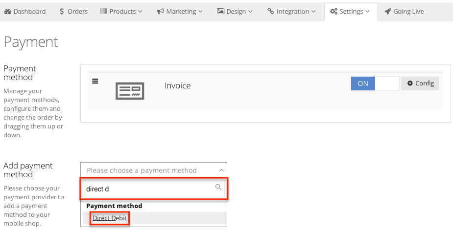 Setting up direct debit payment